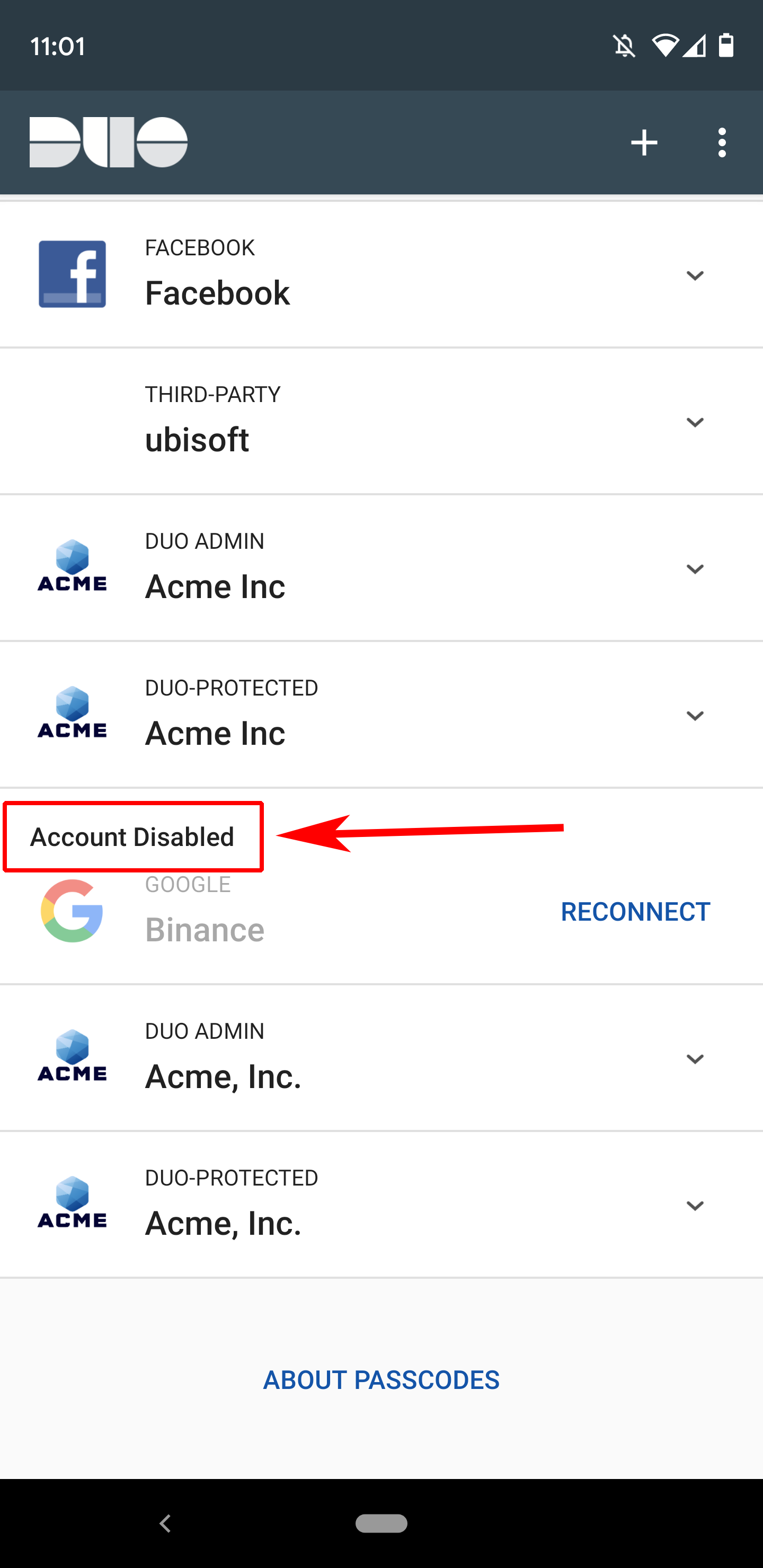 Why am I seeing "Account Disabled" in the Duo Mobile account list?