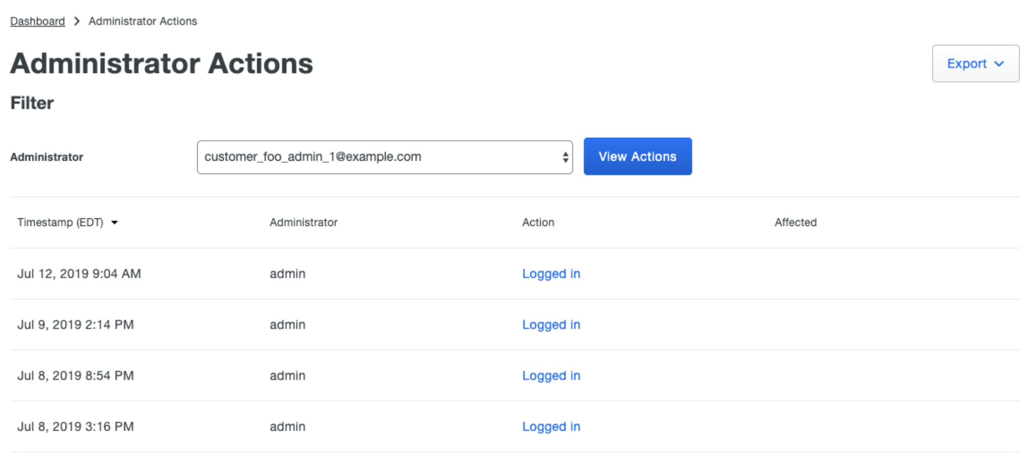 Guide to reading the Administrator Actions report in the Duo Admin Panel