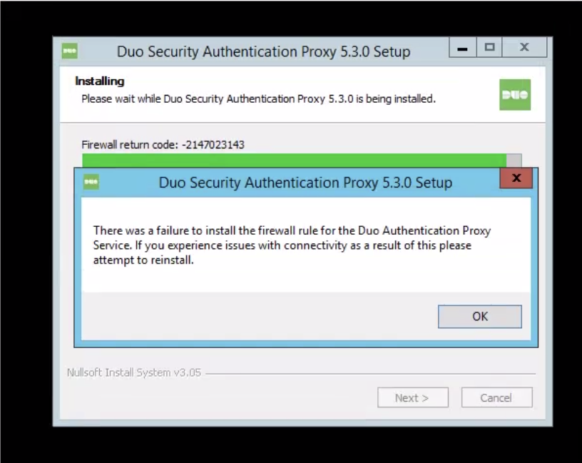 Why do I see the error "There was a failure to install the firewall rule for the Duo ...