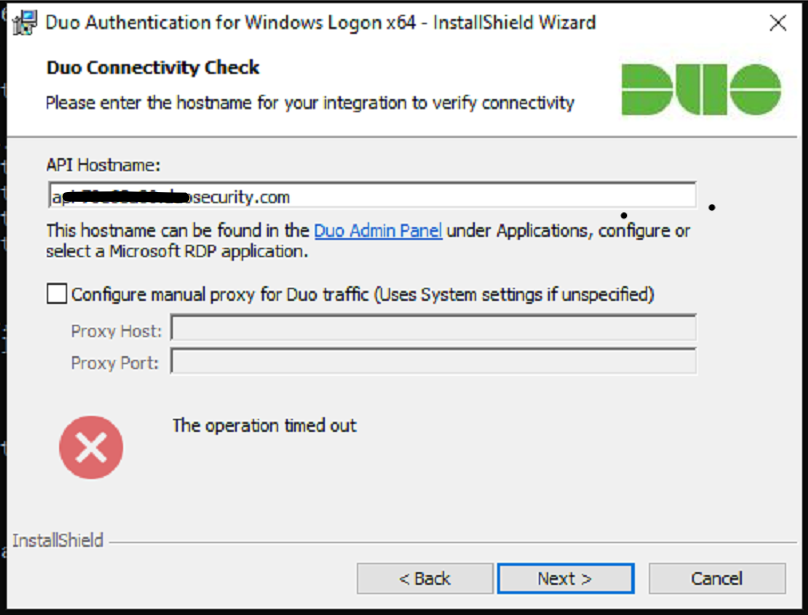 How do I resolve a "The operation timed out" error when installing Duo for Windows Logon and RDP?