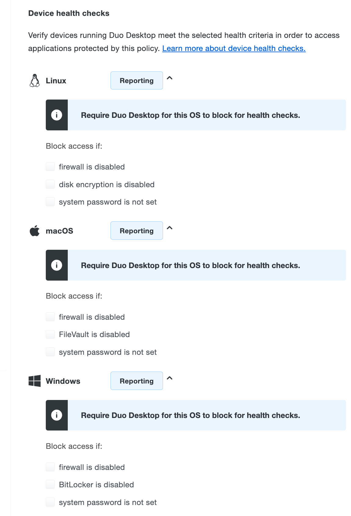 Why do I see "Reporting" or "Enforcing" next to a device type in my Duo ...