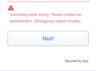 How do I resolve the Duo SSO authentication error "Something went wrong. Please contact an ...