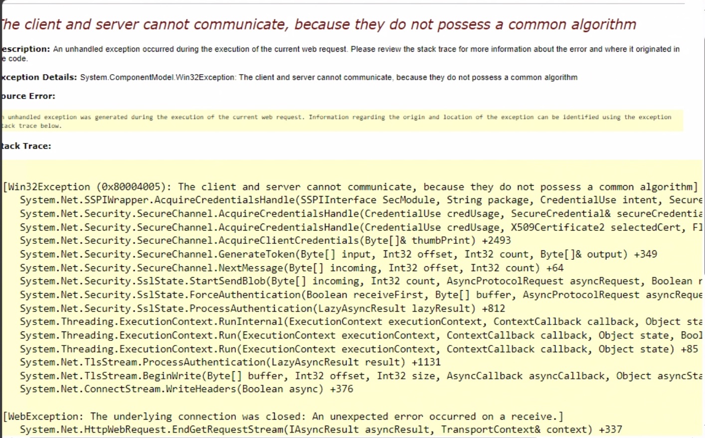 Why did I receive the error "The client and server can't communicate because they don't possess ...