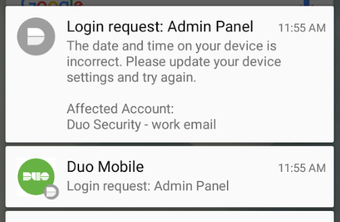 Why do Duo Push notifications fail if device time is set manually?