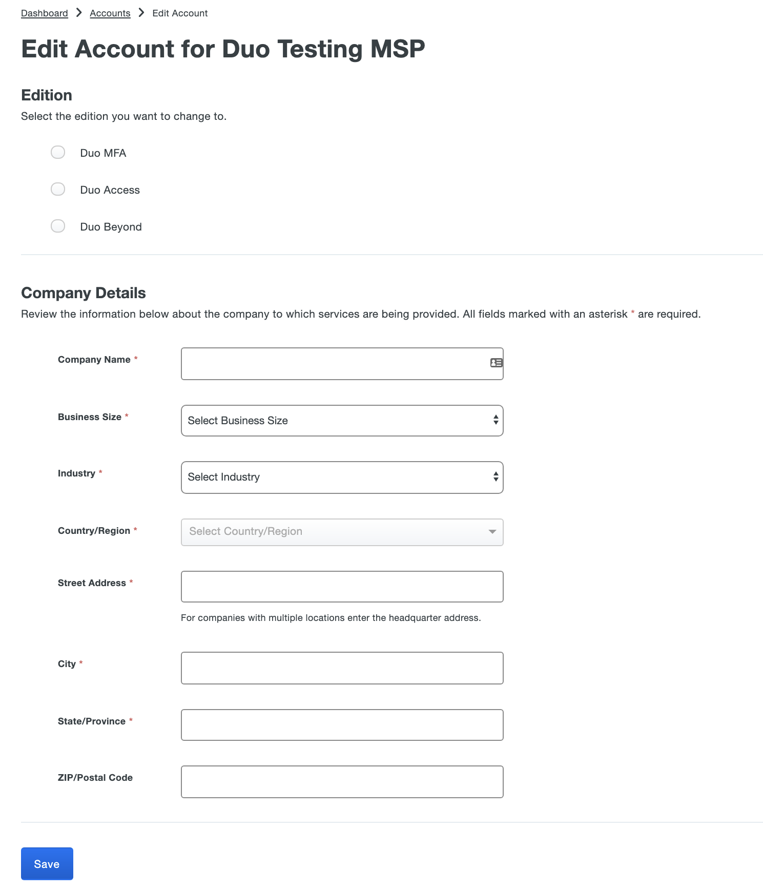 Guide to entering company details for MSP child accounts