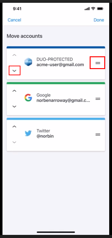 How do I reorder my accounts in the Duo Mobile app?