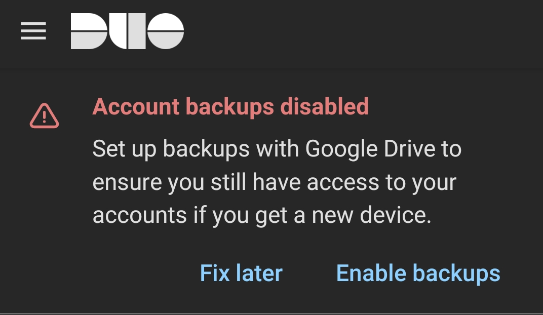 Why do I see the message "Account Backups Disabled" in Duo Mobile?
