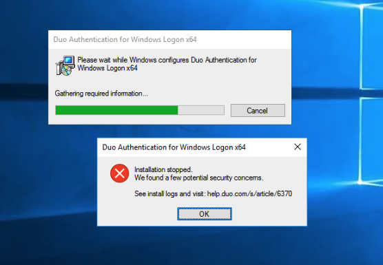 Why does the Duo for Windows Logon (RDP) installer unexpectedly run and fail after installing ...