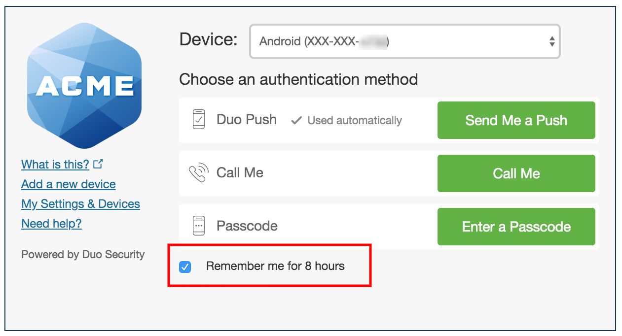 How do I select the "Remember me for..." checkbox if the Duo ...