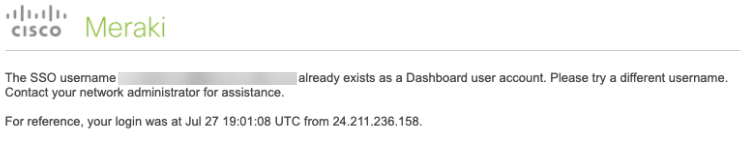 How do I resolve the SSO error "The SSO username already exists as a ...