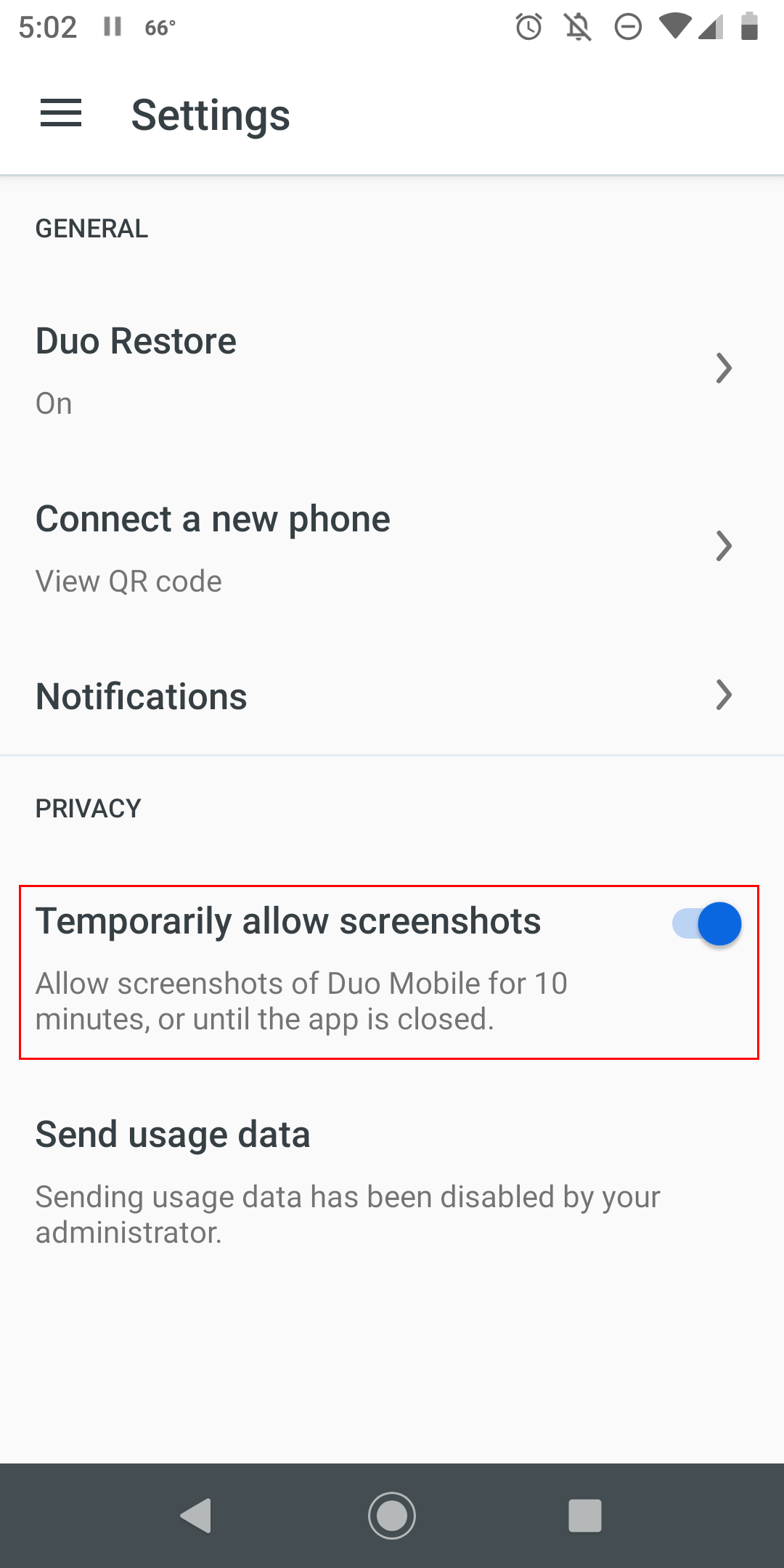 Why can't I take screenshots of Duo Mobile on Android devices?