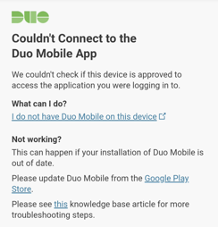 How do I resolve the error "Couldn't Connect to the Duo Mobile App ...