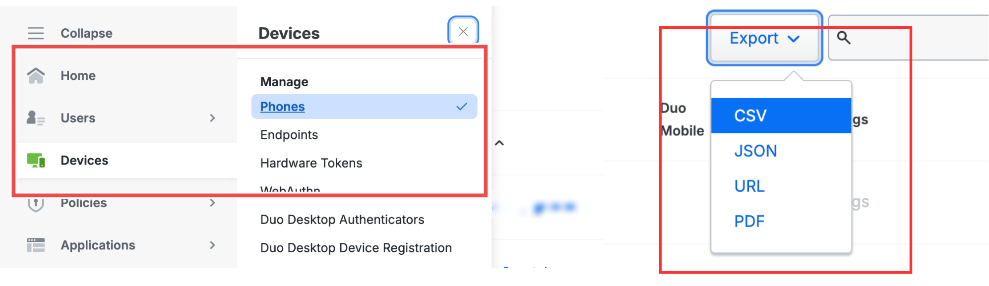 How do I export a list of phones from the Duo Admin Panel?