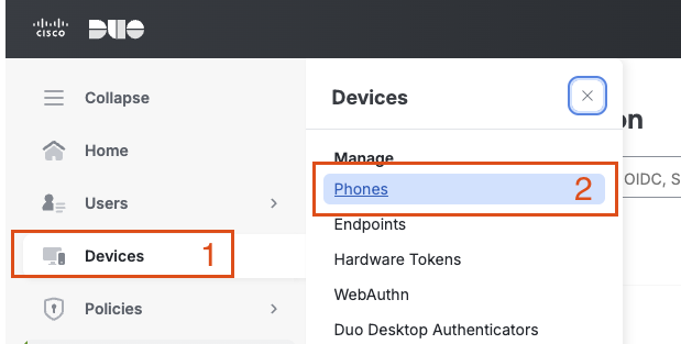 How do I export a list of phones from the Duo Admin Panel?